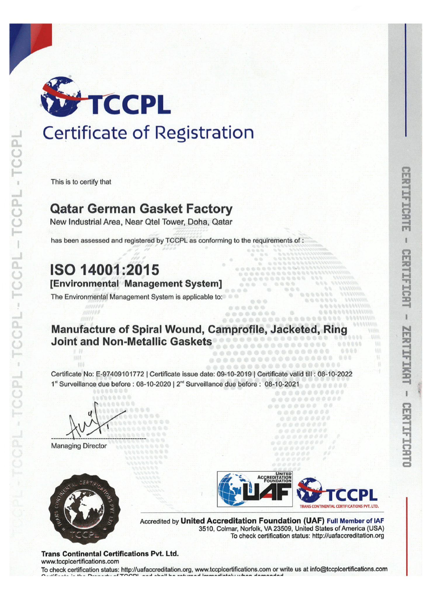 Our Certifications – Qatar German Gasket Factory